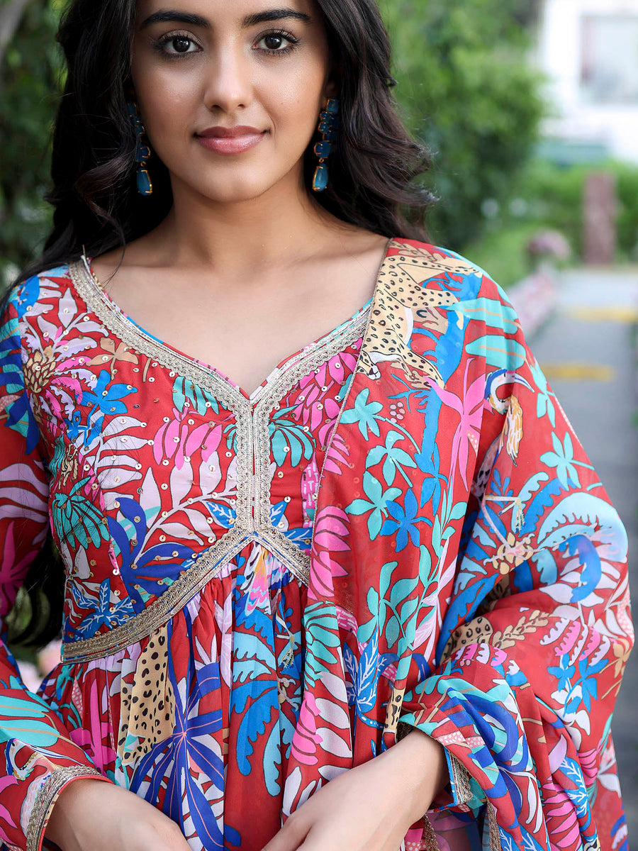 Maroon Printed Anarkali Set