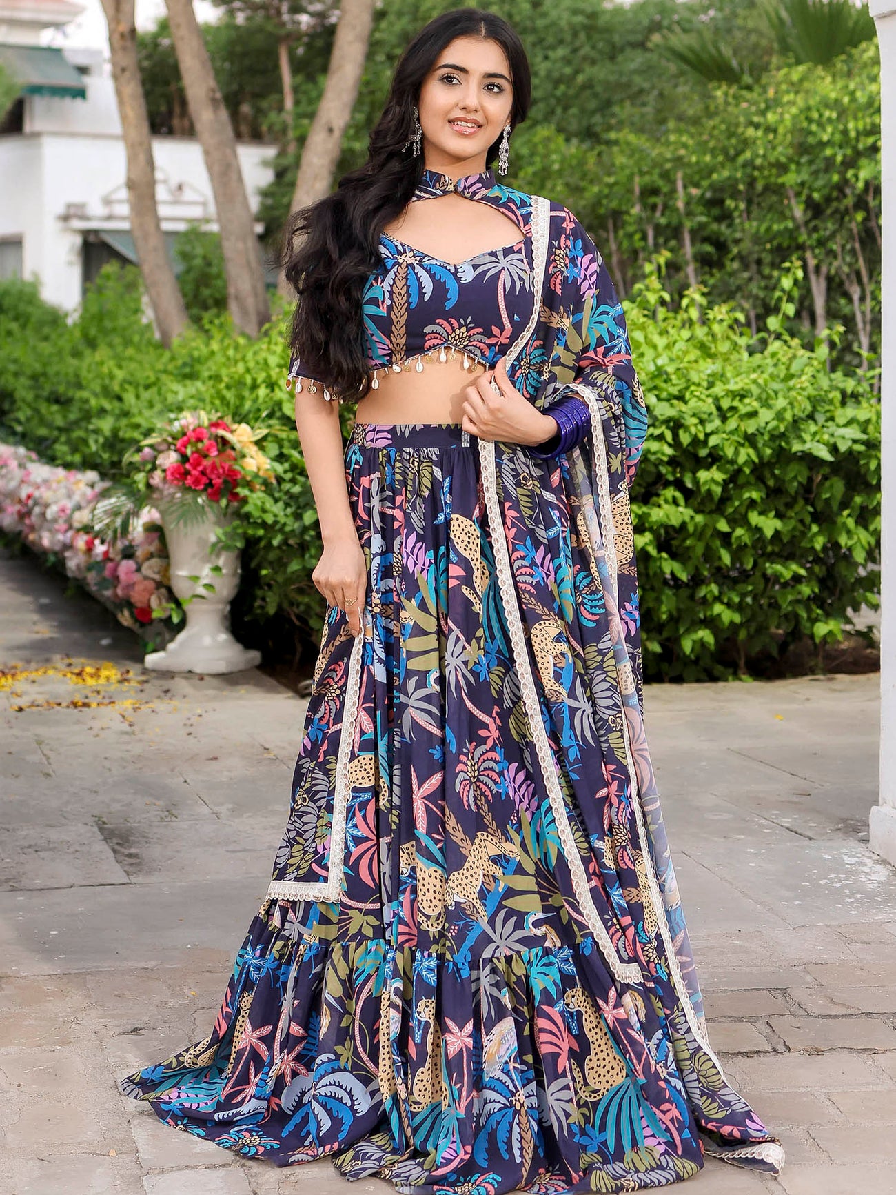 Navy Printed Lehenga Set