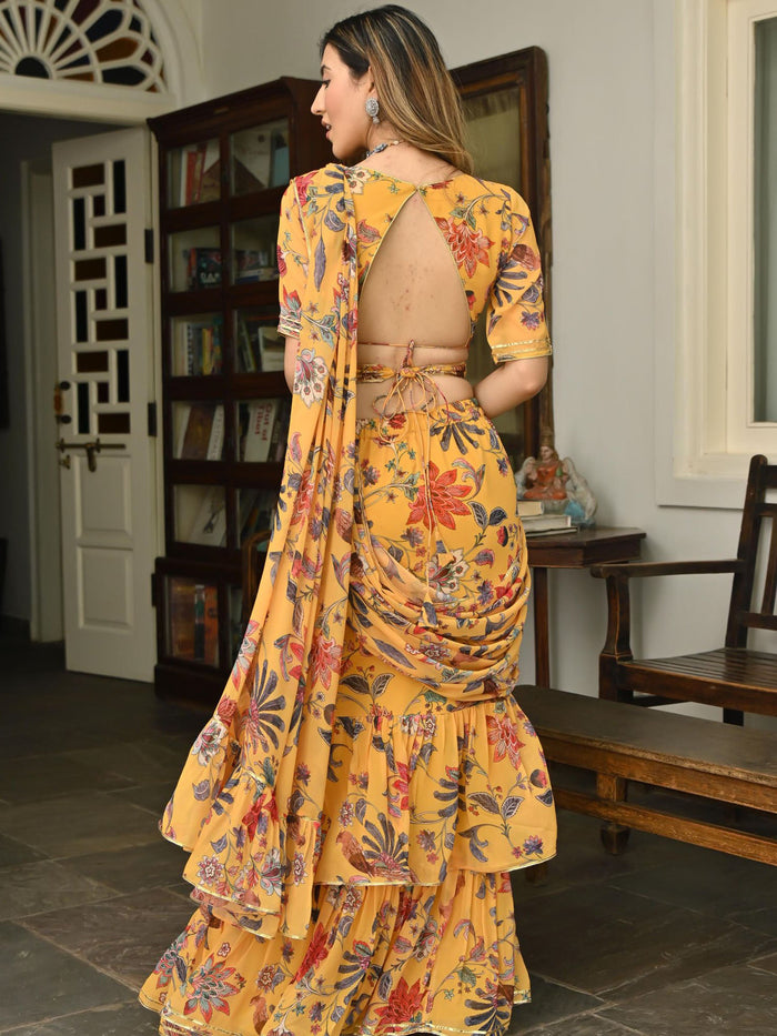 Shop Yellow Printed Ruffle Saree Online - Lavanya The Label