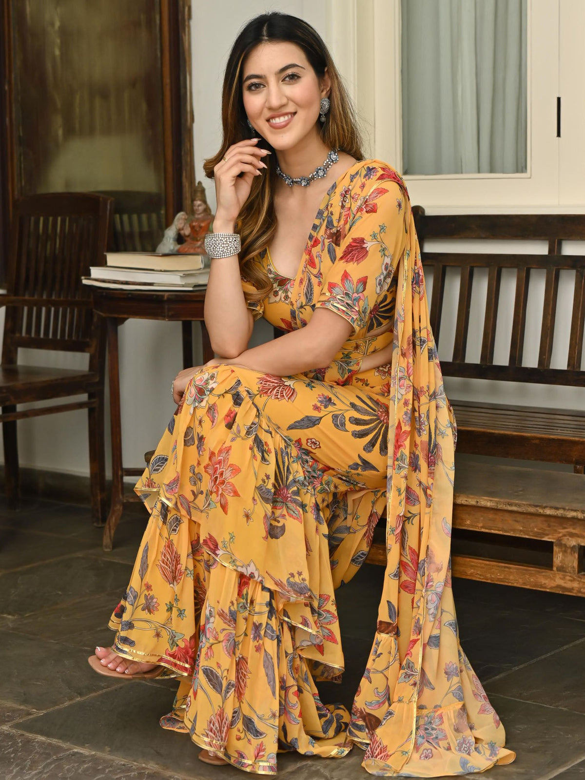 Shop Yellow Printed Ruffle Saree Online - Lavanya The Label