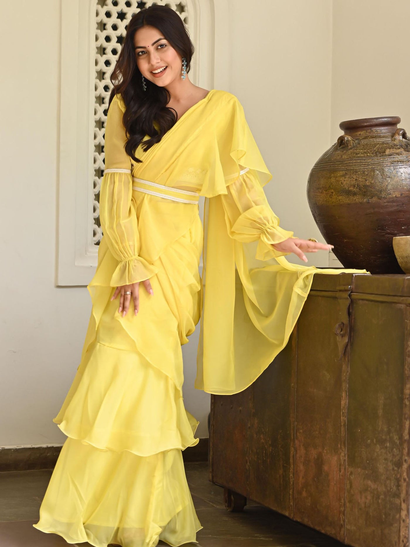 Shop Lemon Yellow Ruffle Saree Online - Lavanya The Label