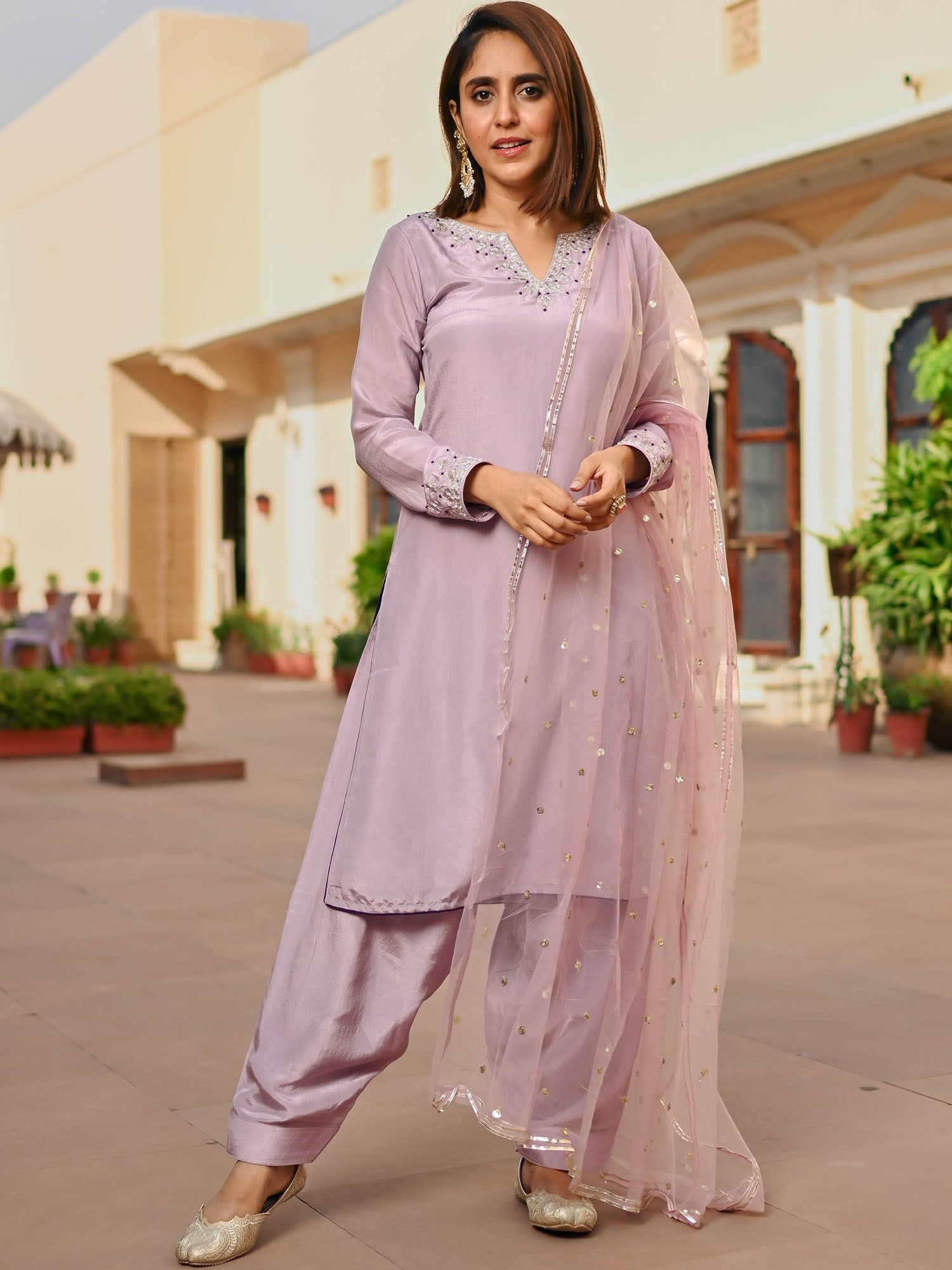 MAUVE SILK KURTA AND SEMI PATIALA SET