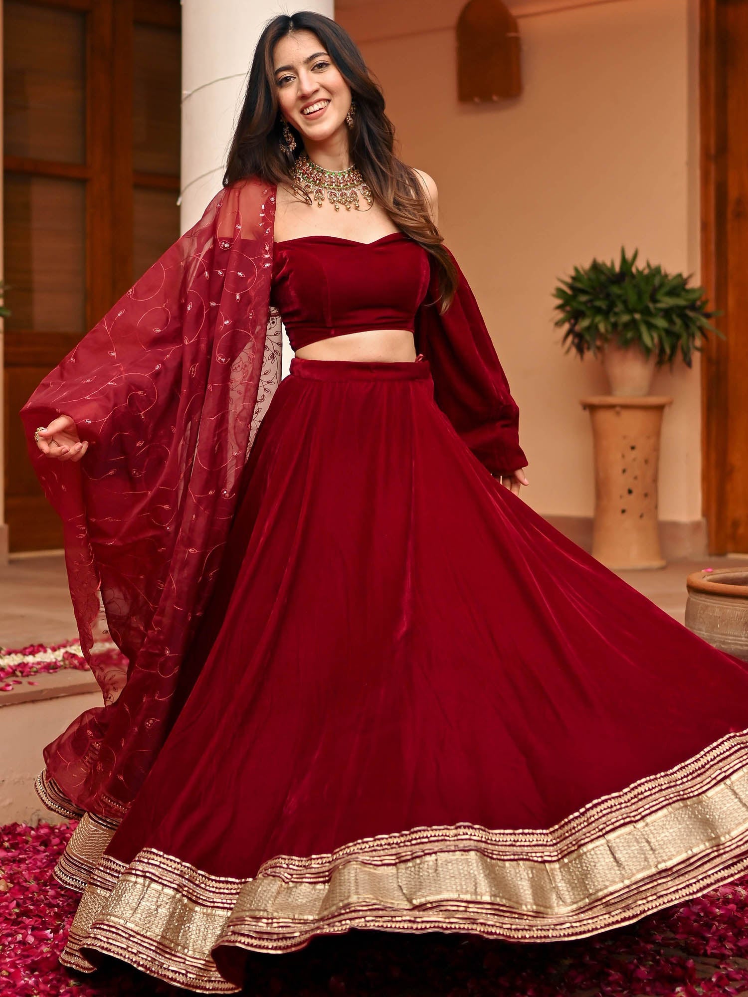 Maroon Velvet Lace Lehenga Set