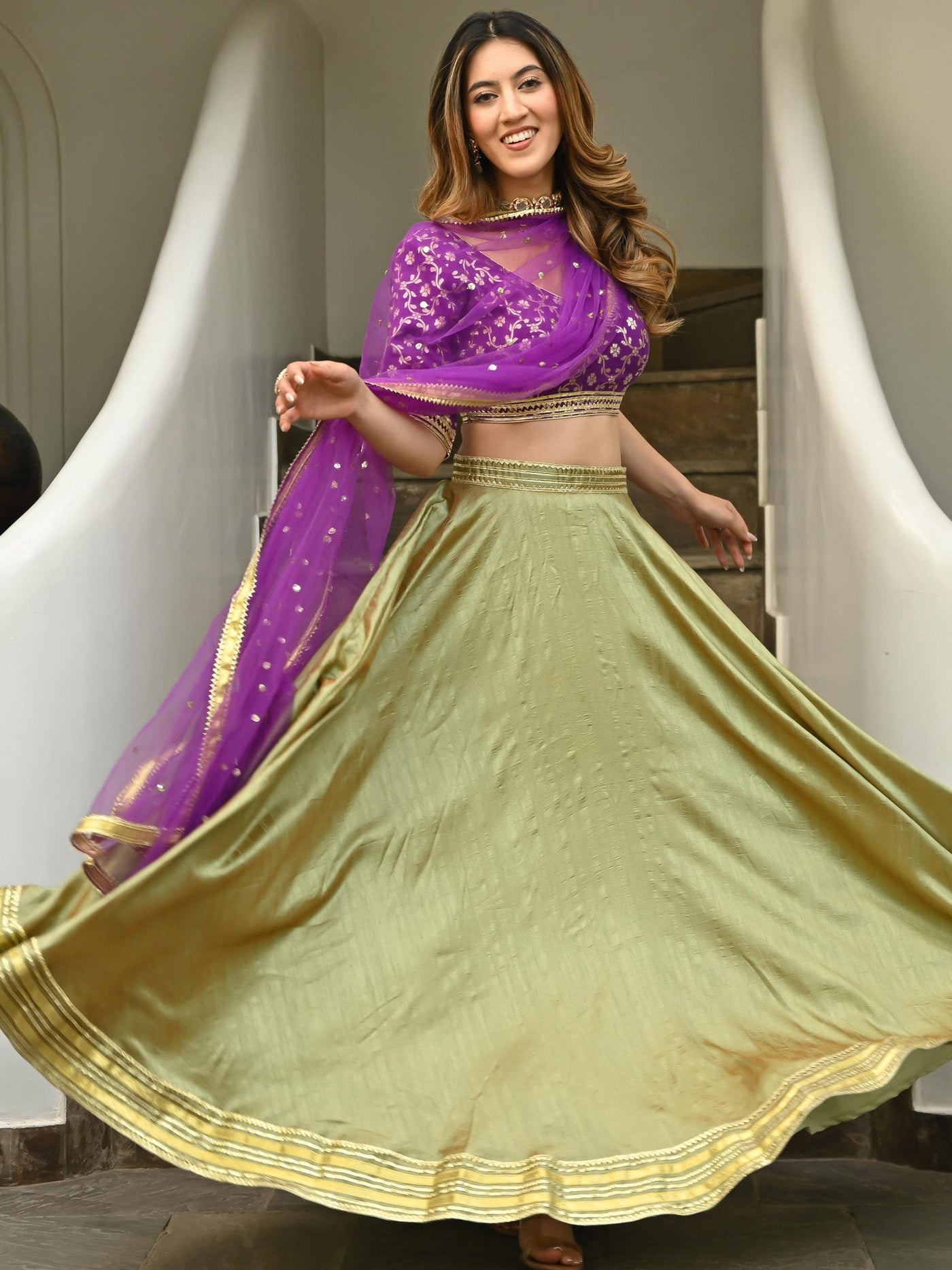 Green & Purple Brocade Lehenga