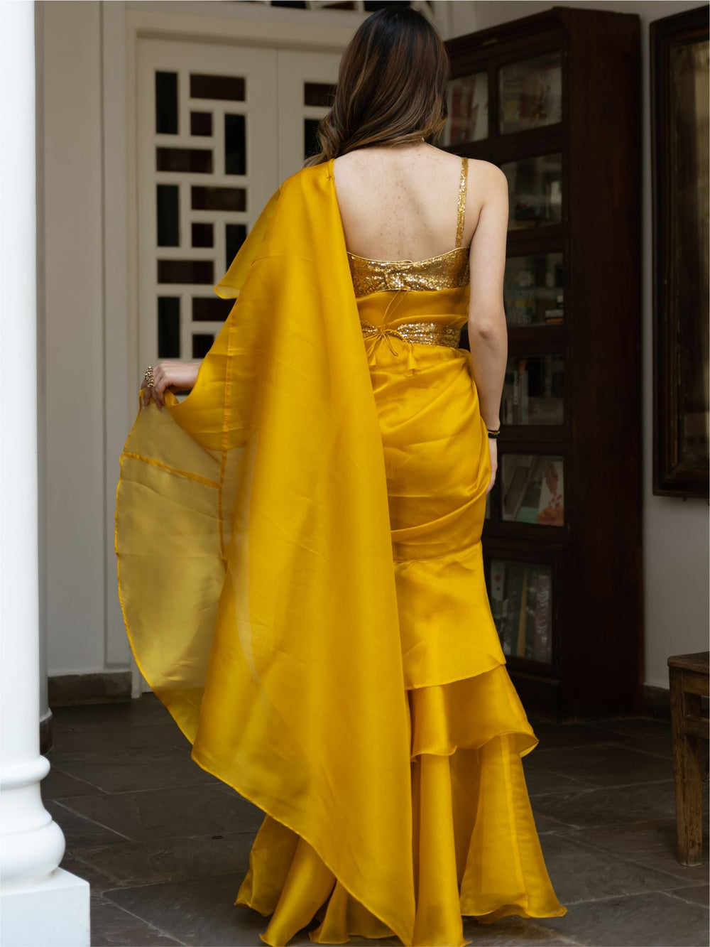 Shop Yellow Sequin Organza Ruffled Saree - Lavanya The Label