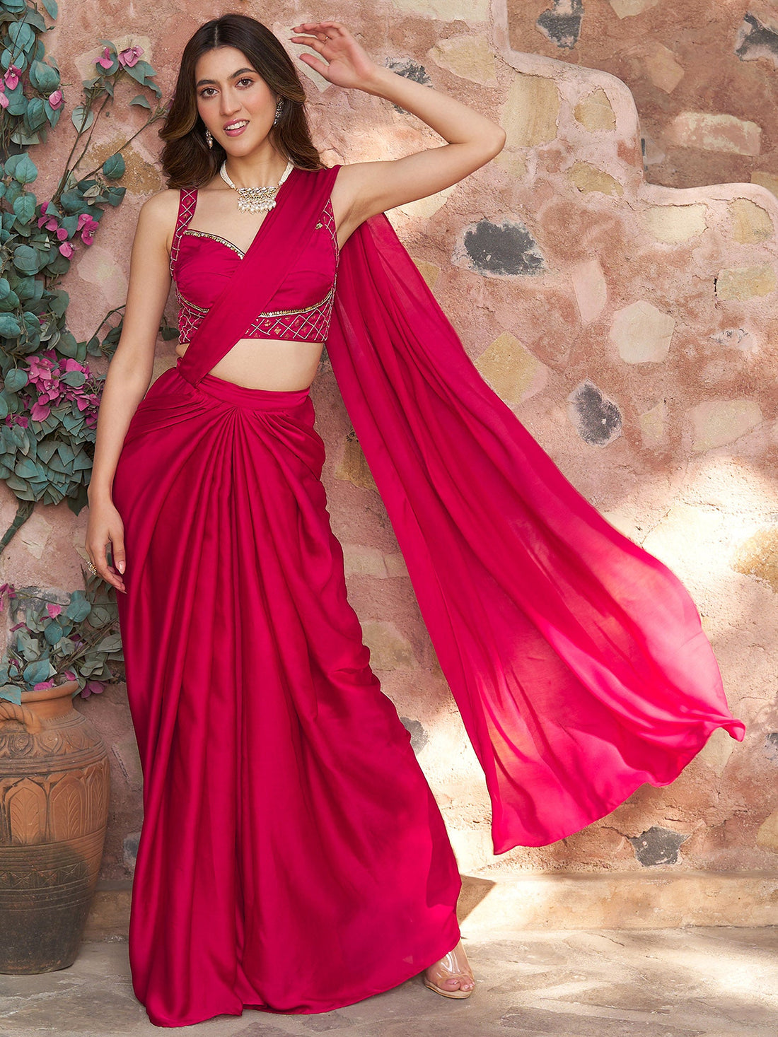 Discover Ruby Pink Draped Saree Set Online - Lavanya The Label