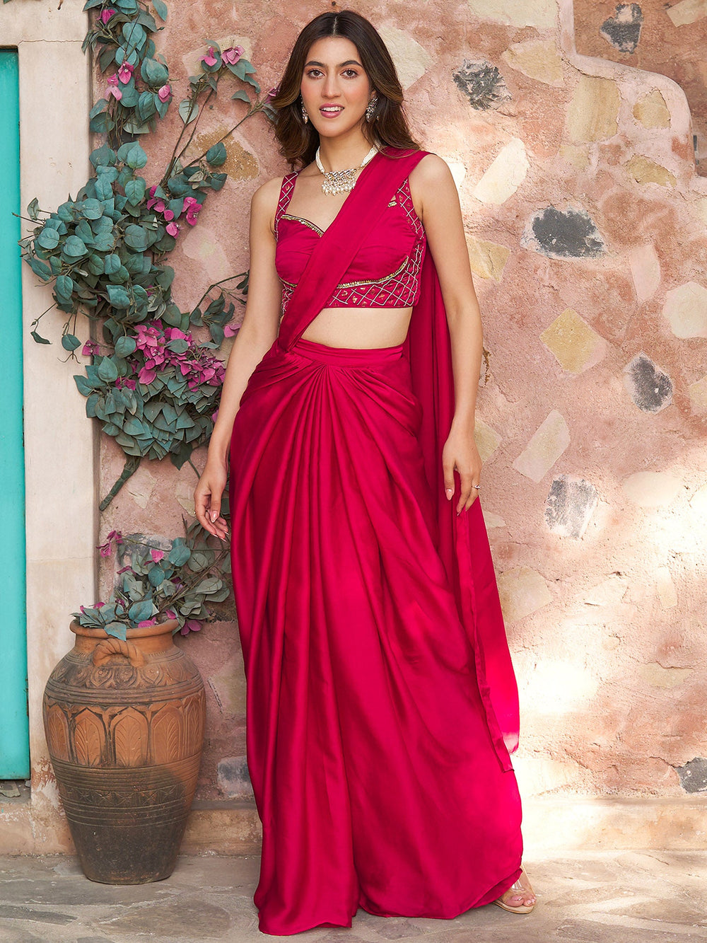 Discover Ruby Pink Draped Saree Set Online - Lavanya The Label