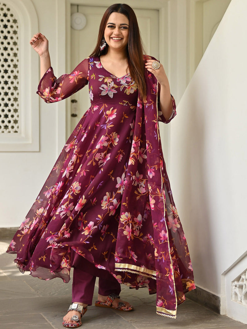 Maroon Printed Anarkali