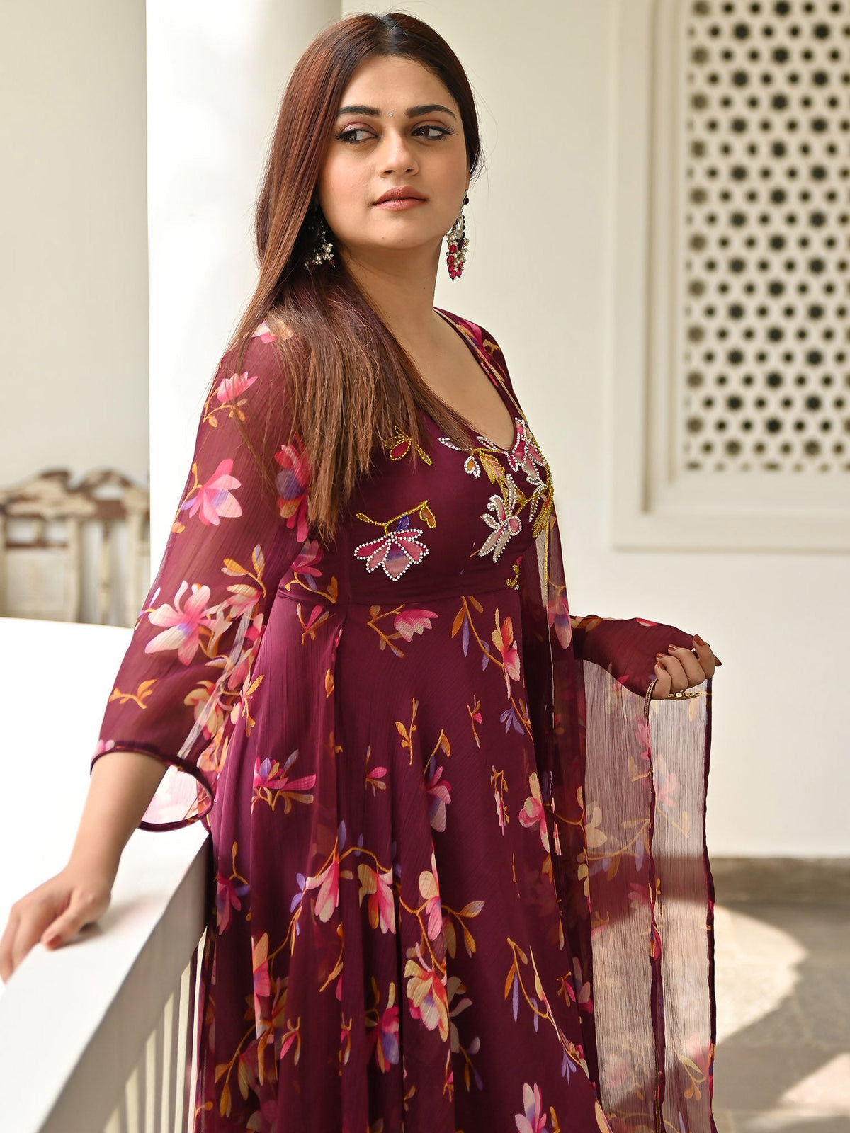 Maroon Printed Anarkali