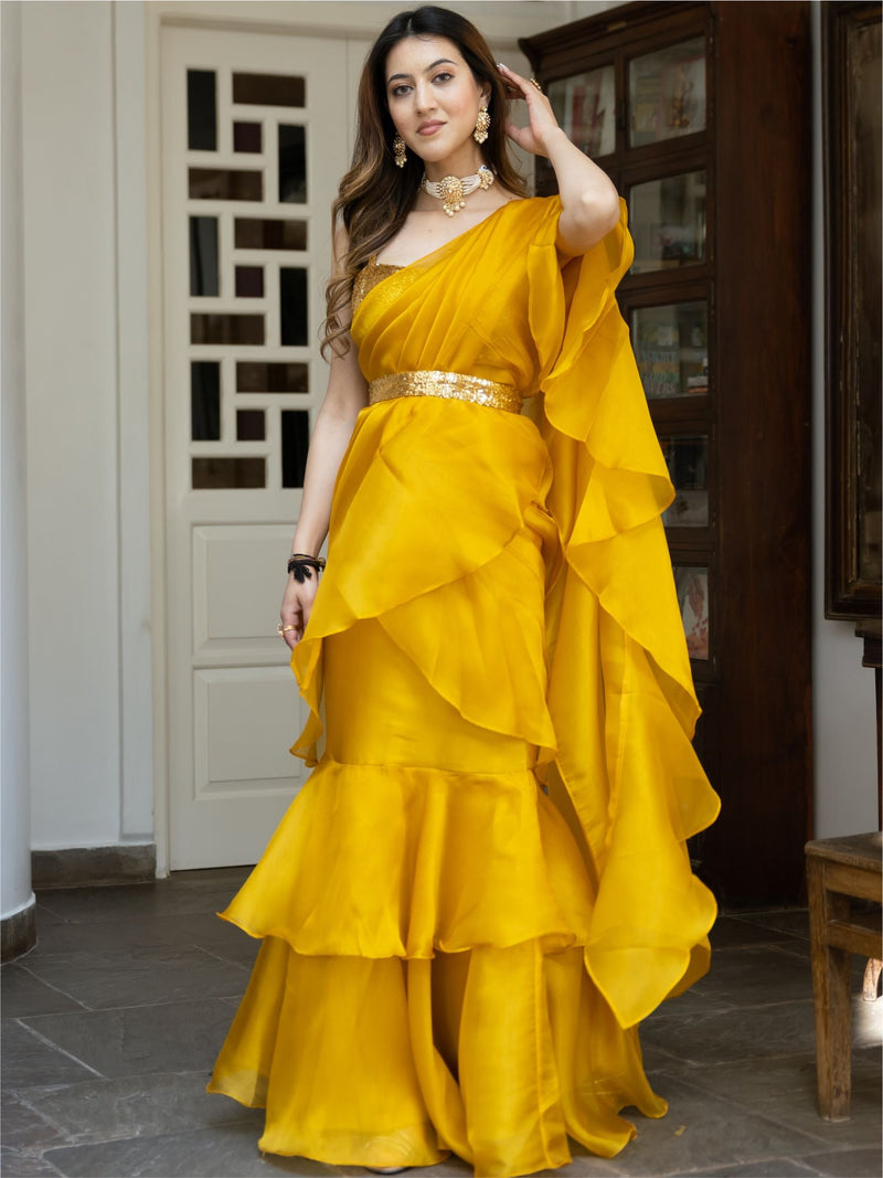 Shop Yellow Sequin Organza Ruffled Saree - Lavanya The Label