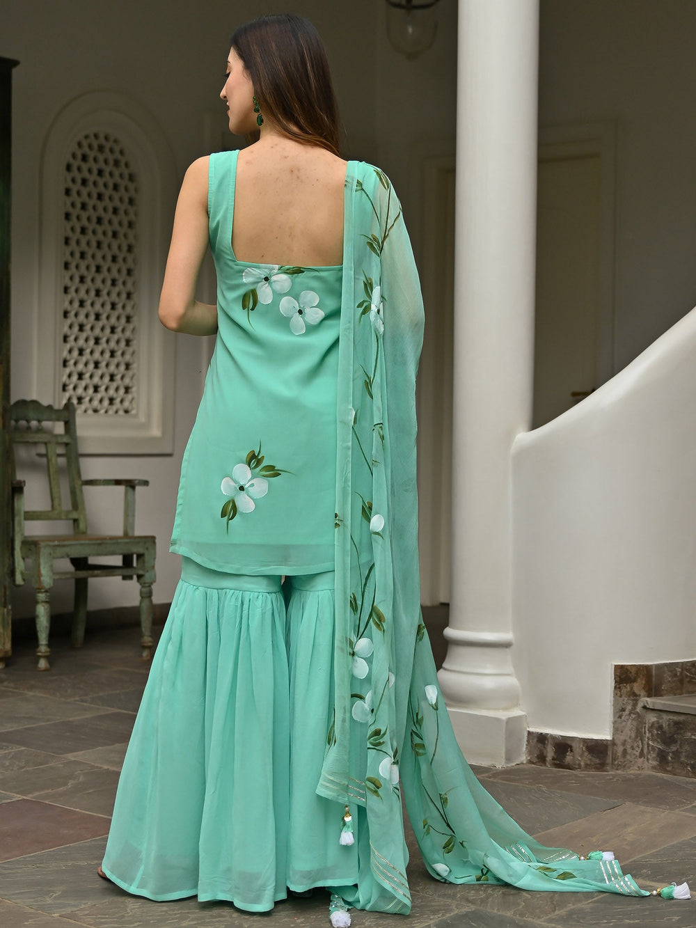 Aqua Green Handbrush Sharara Set