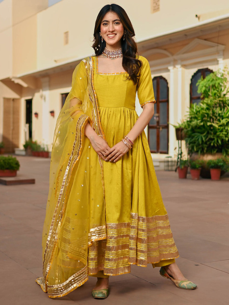 Lemon Green Silk Anarkali set