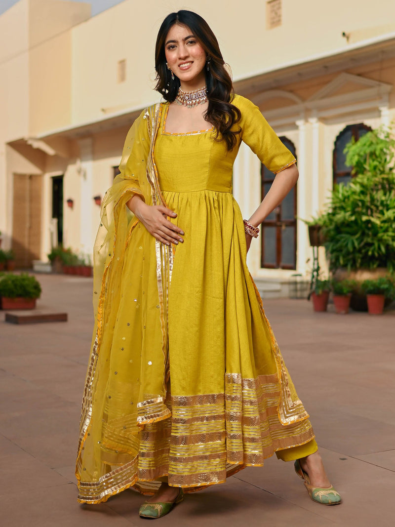 Lemon Green Silk Anarkali set