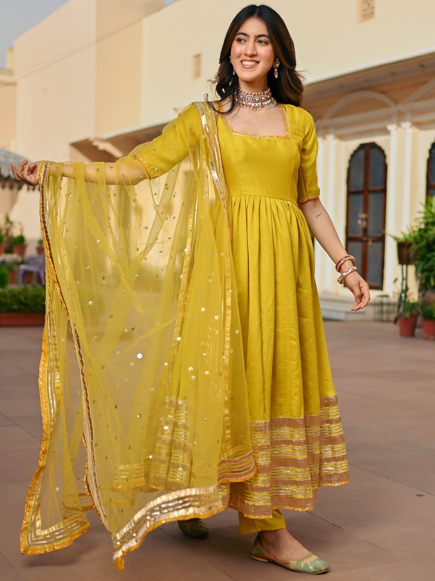 Lemon Green Silk Anarkali set