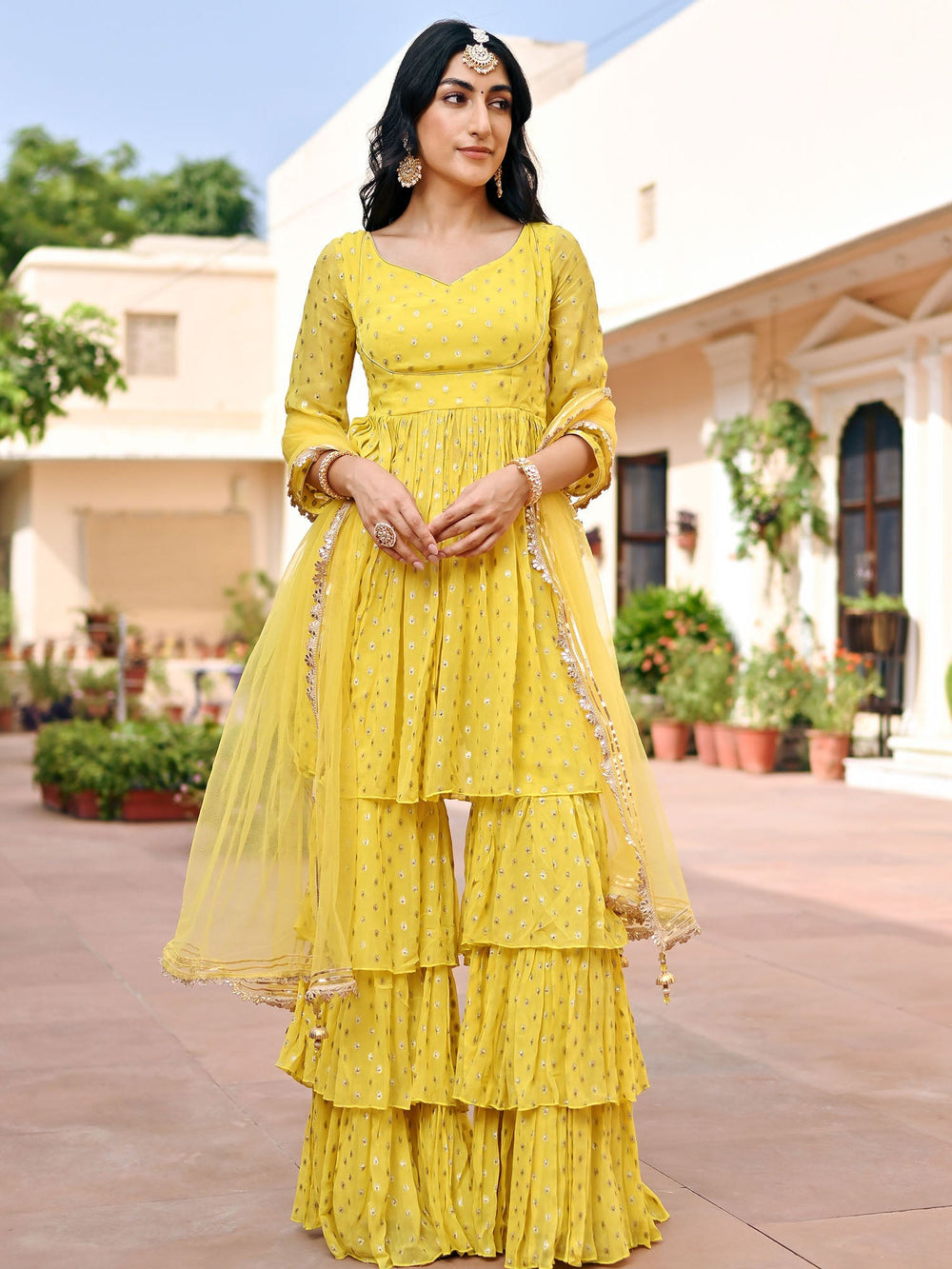 Yellow Georgette Sharara Set