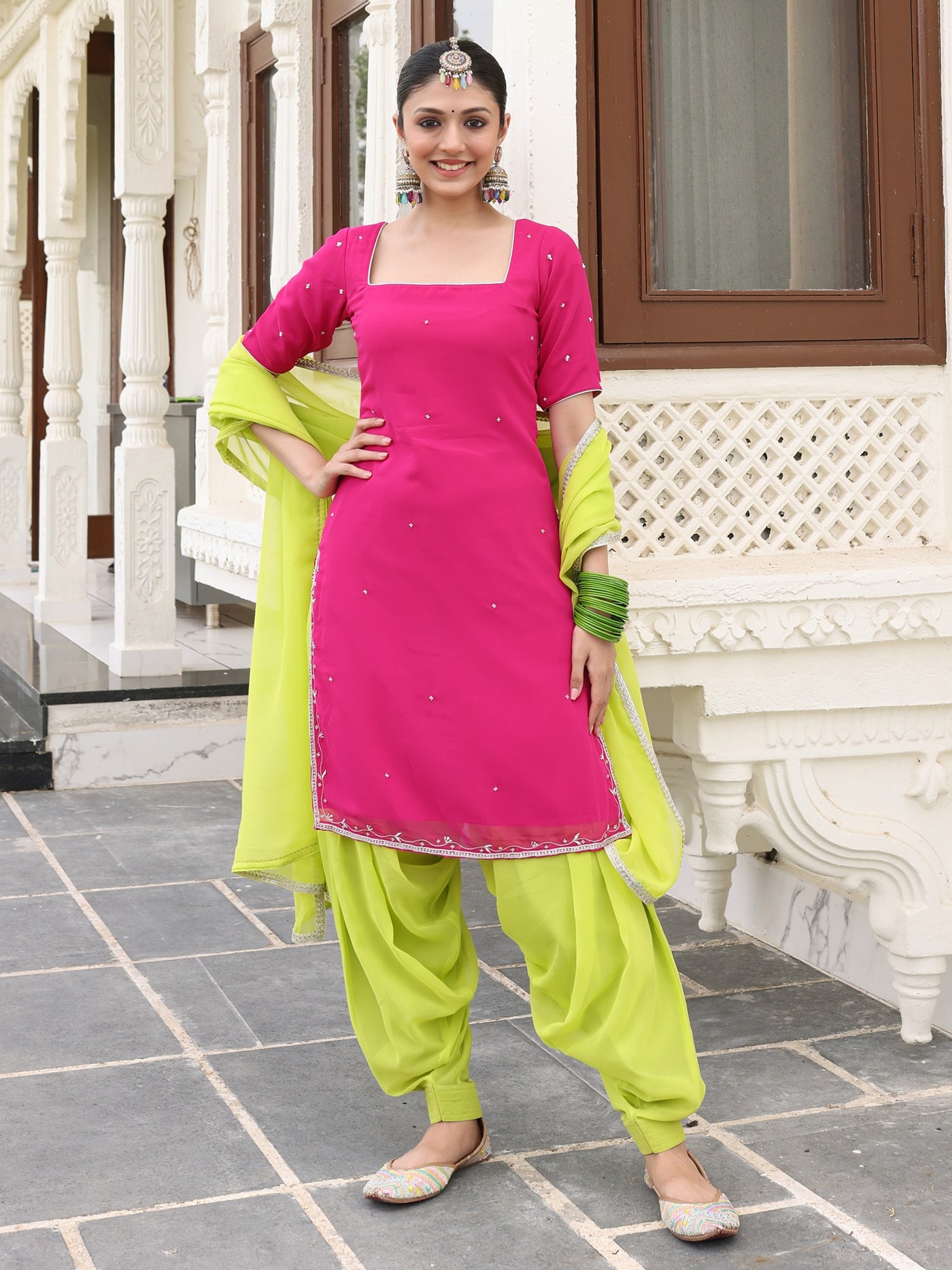 Rani Pink & Green Contrast Patiala Set