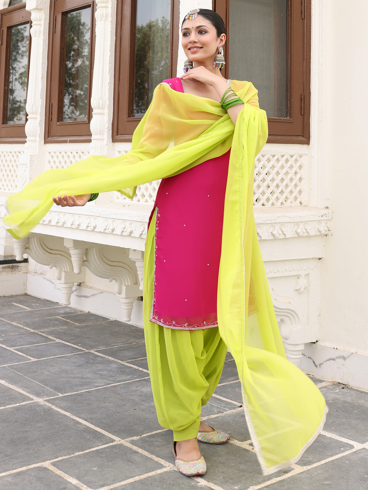 Rani Pink & Green Contrast Patiala Set