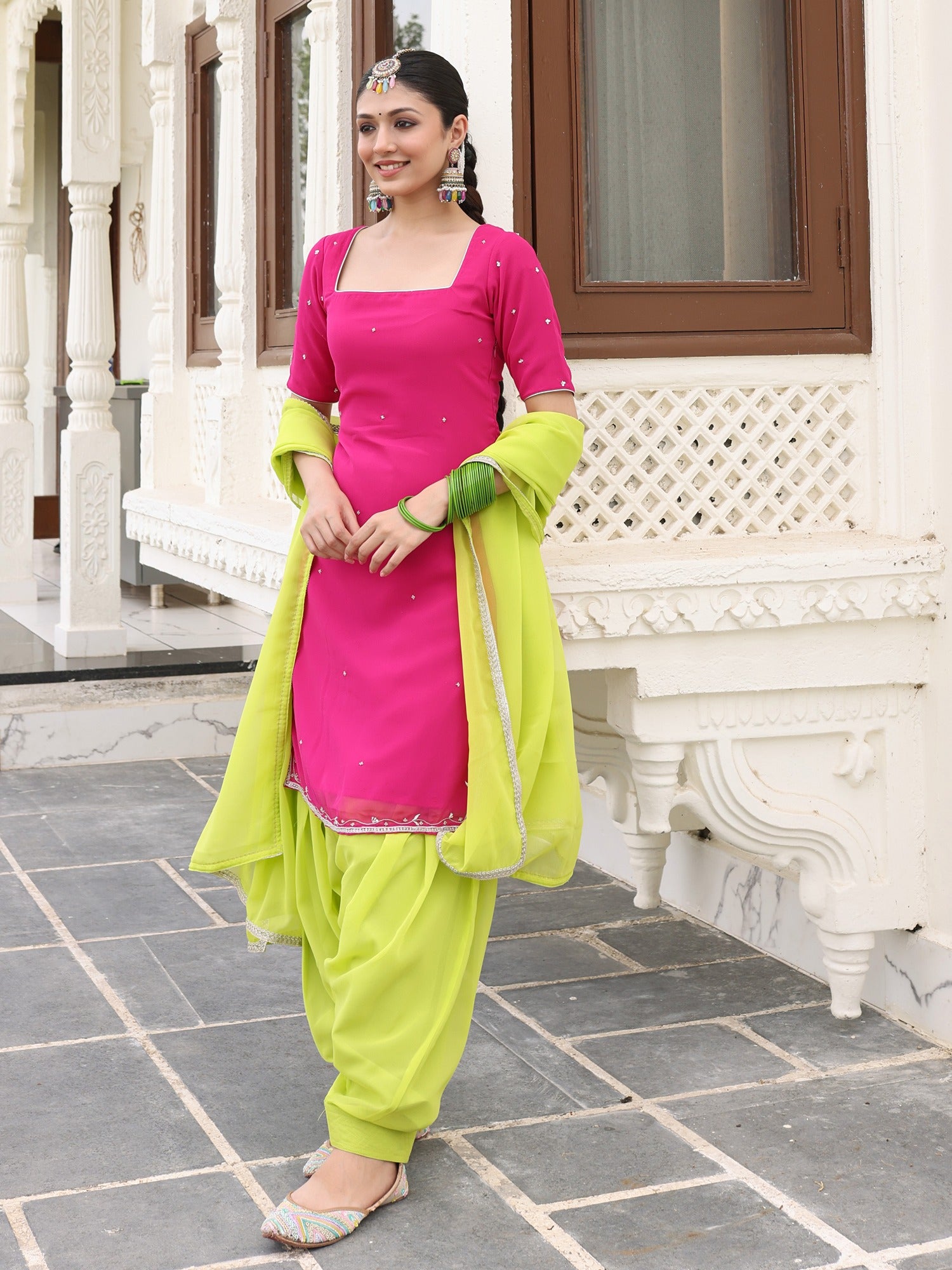 Rani Pink & Green Contrast Patiala Set