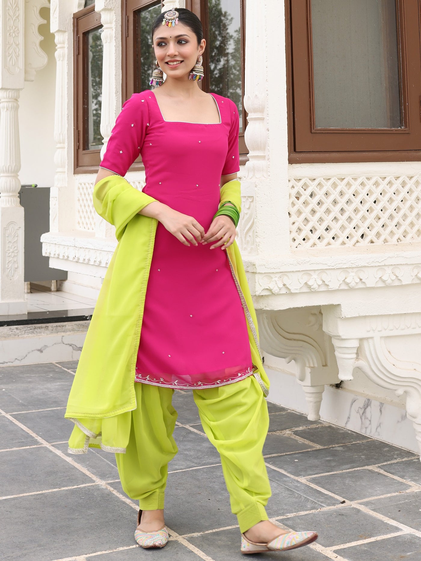 Rani Pink & Green Contrast Patiala Set