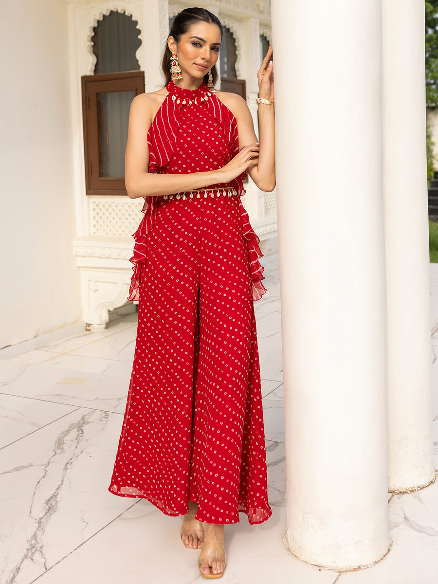 Teej Red Bandhej Jumpsuit