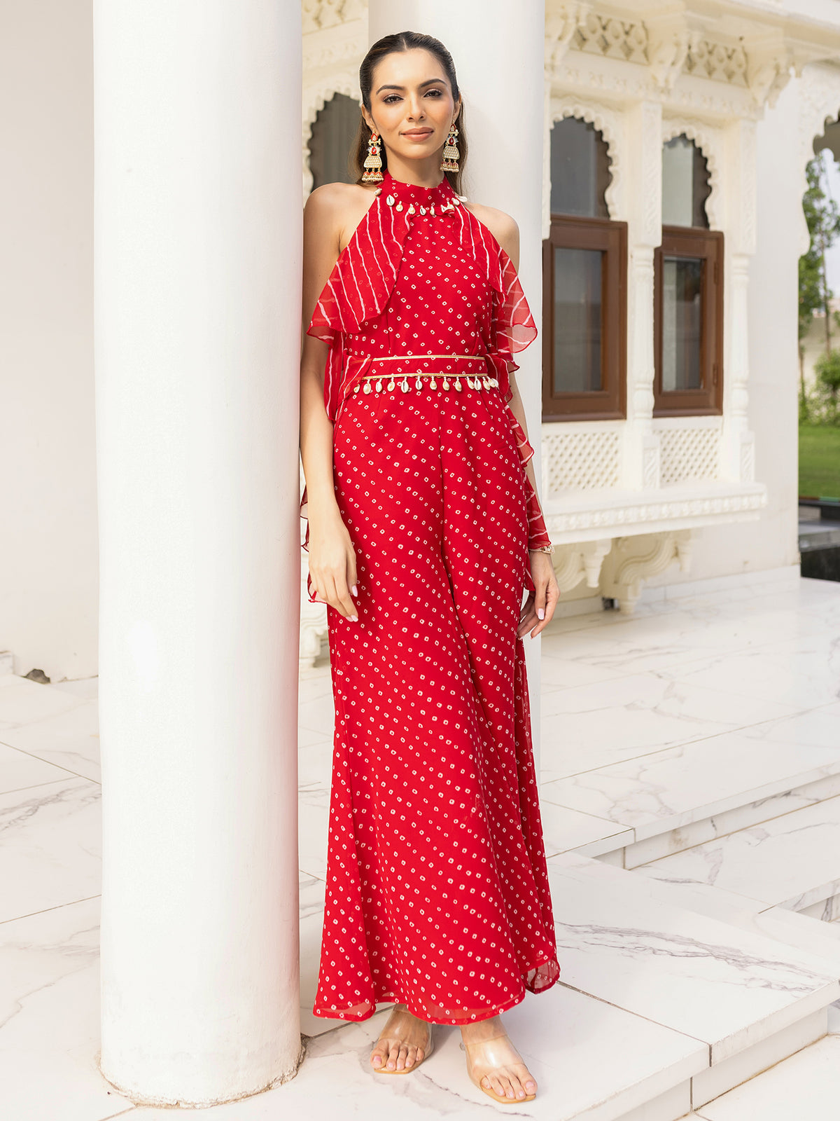 Teej Red Bandhej Jumpsuit